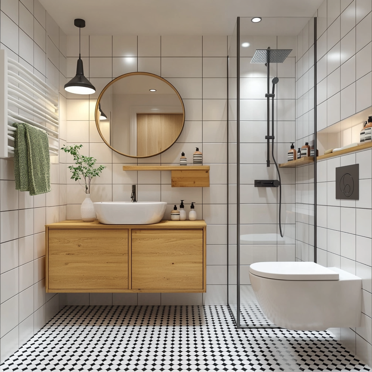 Modern Bathroom Design with Diamond Pattern Tiles, Glass Partition, and Vanity Storage | Livspace