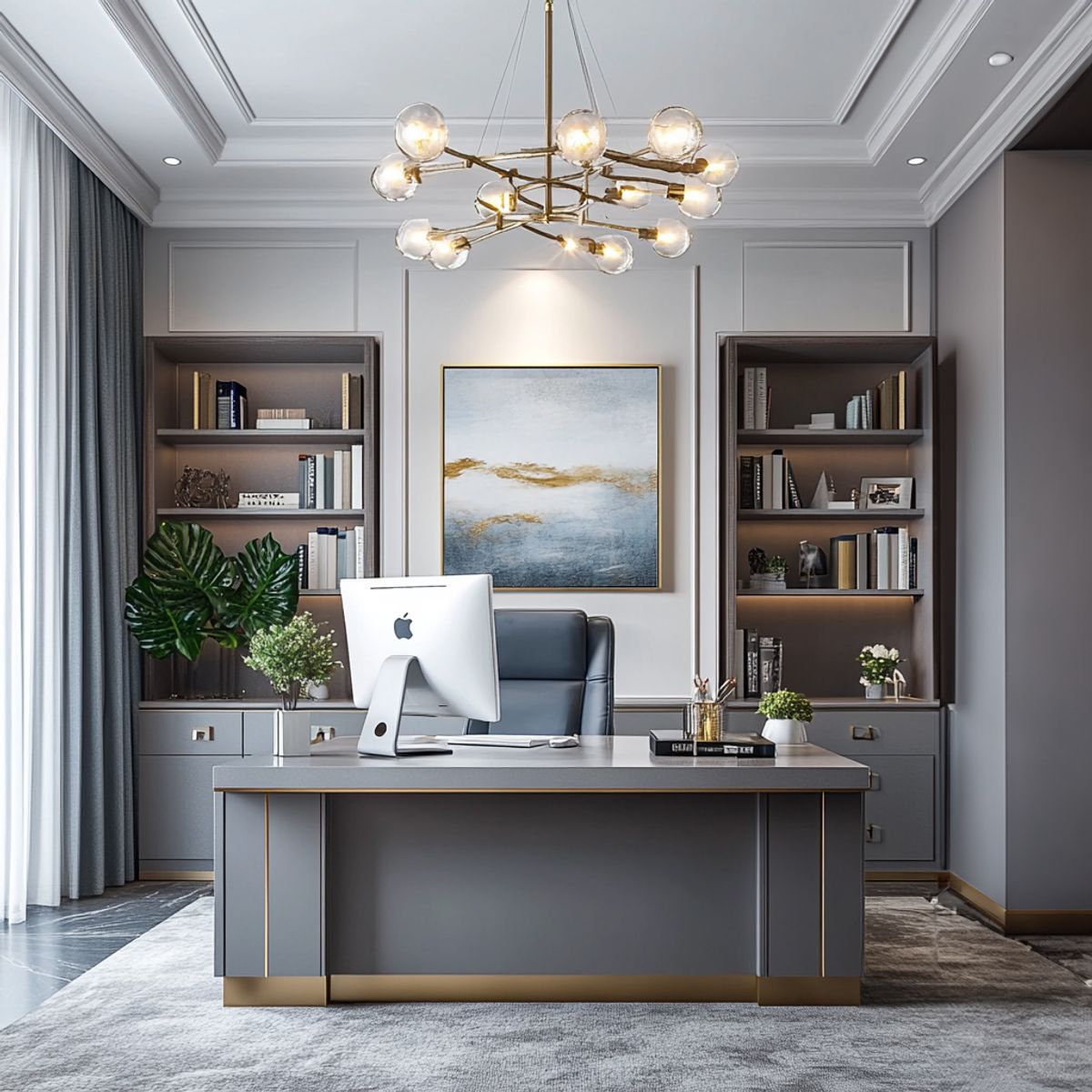 Classic Home Office Design with White Study Table, Dark Blue Chair, and ...