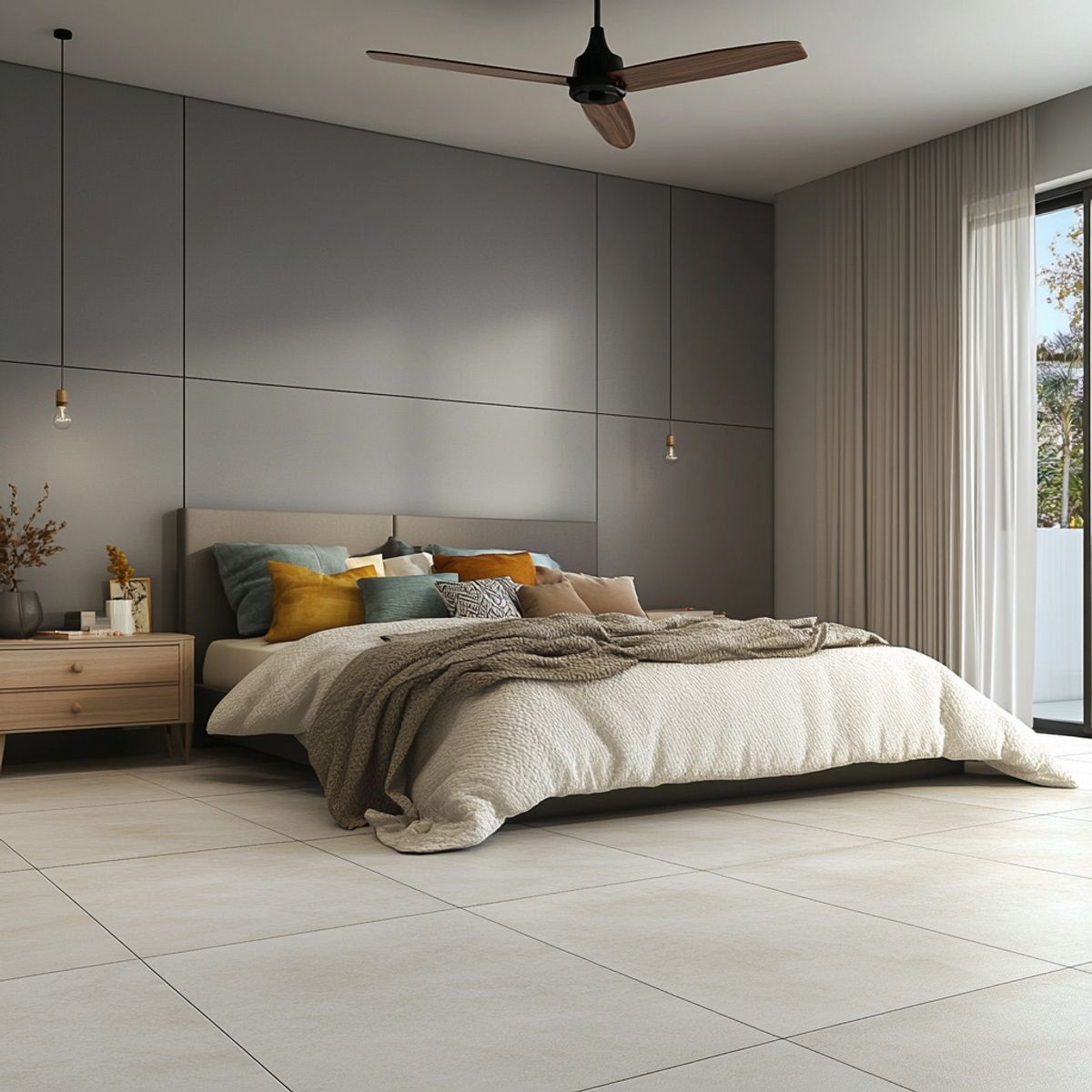 Spacious Contemporary Master Bedroom Design with Pendant Lighting and King Bed | Livspace