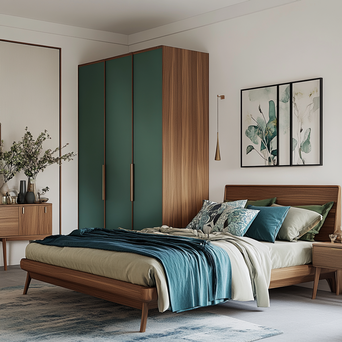 Master Bedroom Design with 3-Door Wardrobe and Blue Accents in ...