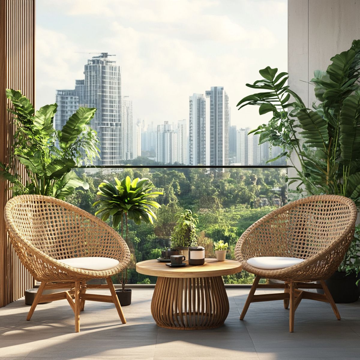 Contemporary Balcony Design With Rattan Lounge Chairs and Bamboo Table ...