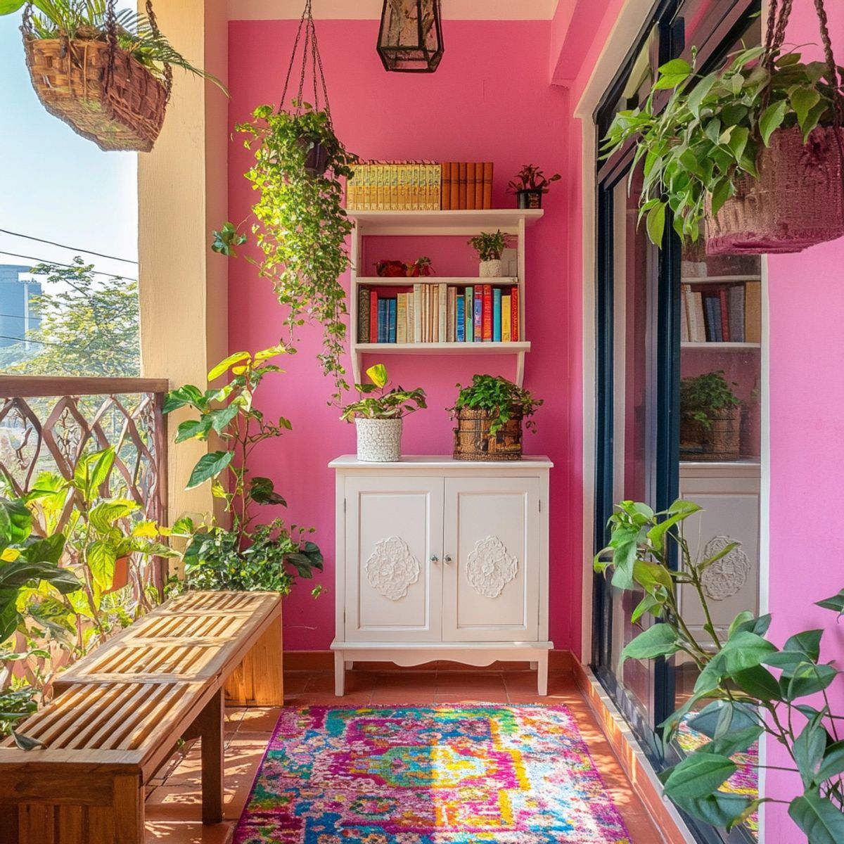 Balcony Design With Bohemian Wooden Bench and Decorative Storage ...