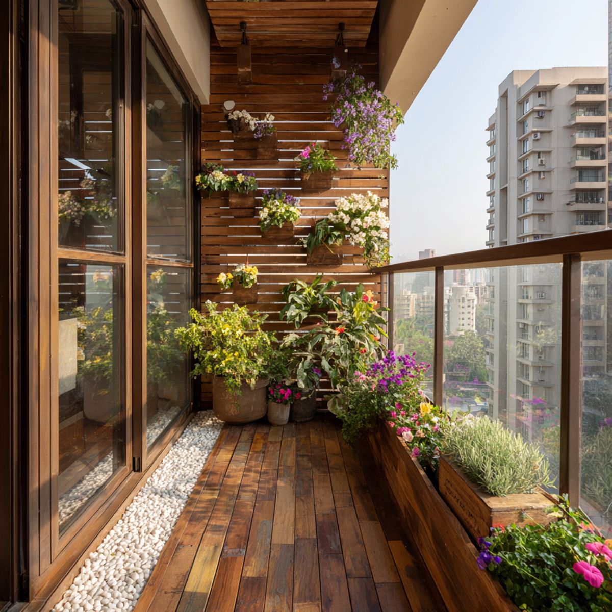 Rustic Balcony Design with Wooden Decking and Modular Garden Feature ...