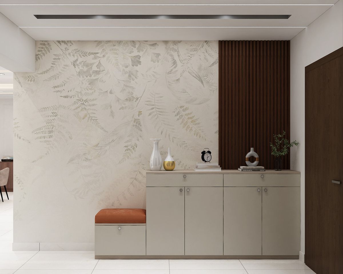Modern Foyer Design with Pumic Grey Suede Laminate Storage Units | Livspace