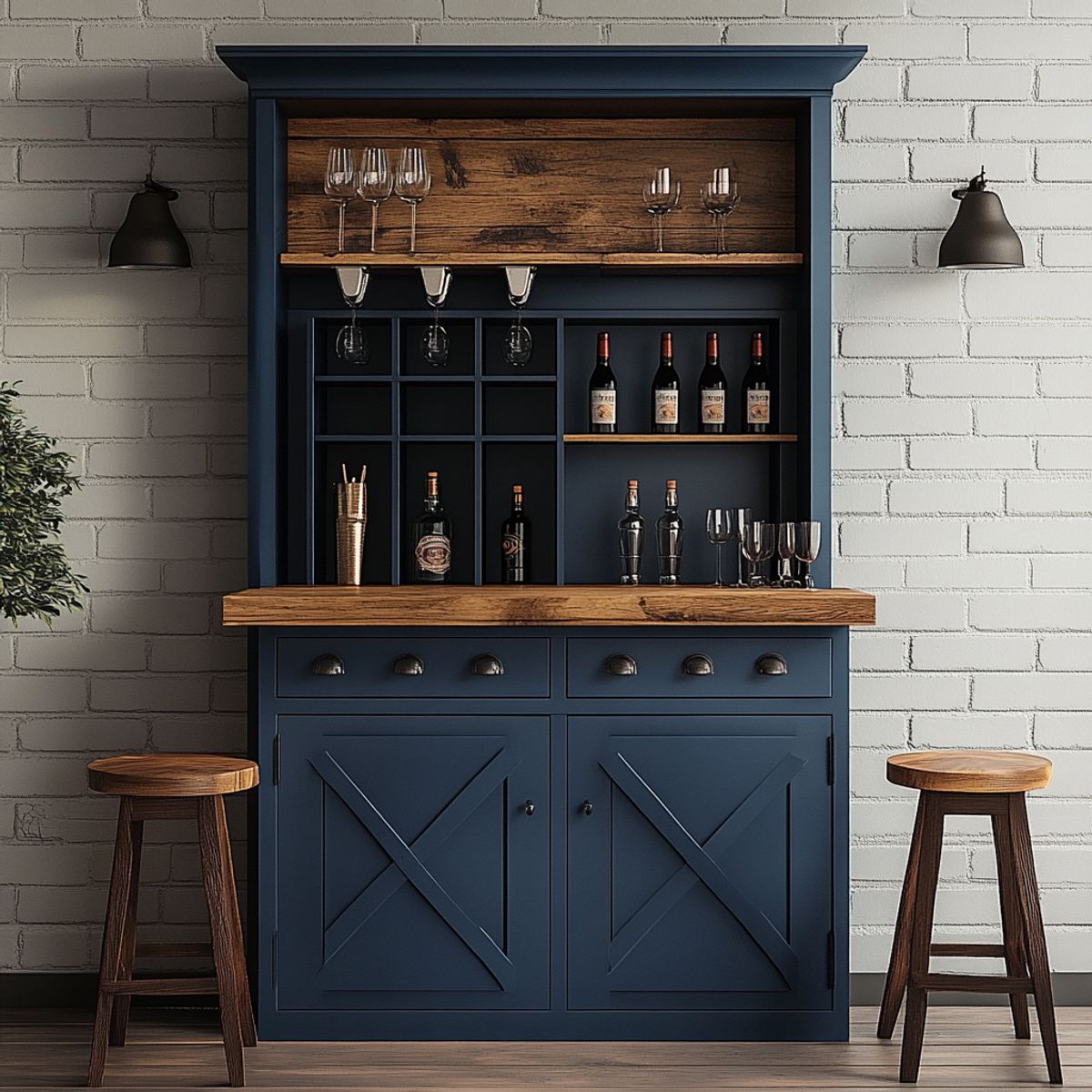Rustic Home Bar Design with Stemware Holders, Wine Cubbies, and Storage ...
