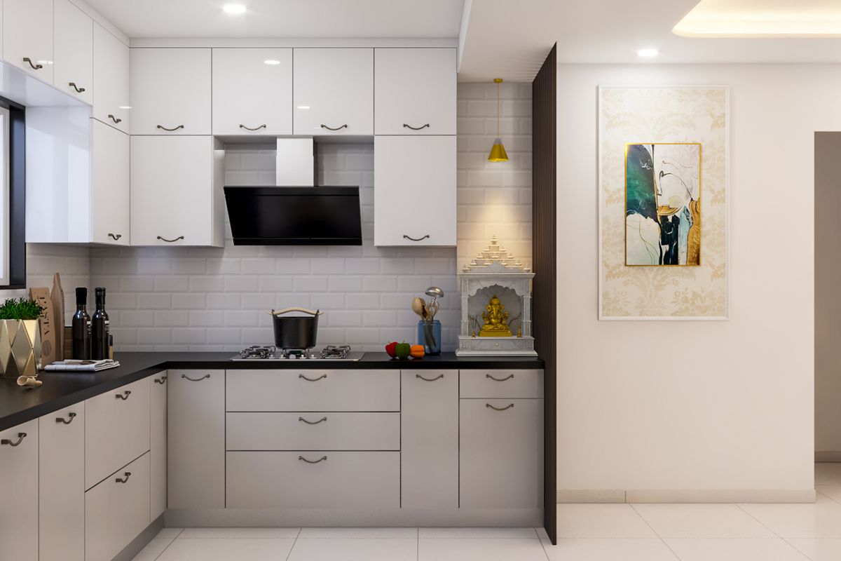 Grey and White Modern L-Shaped Kitchen Design With Loft Units and ...