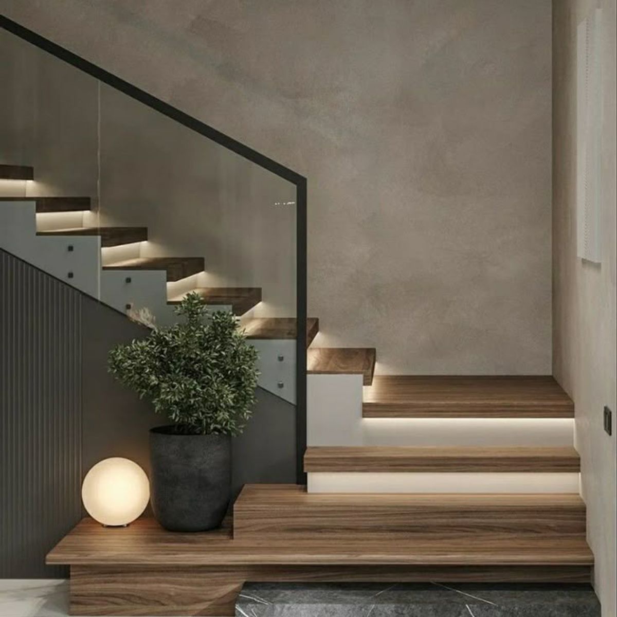 L-Shaped Modern Staircase Design Featuring Glass Railings, Wood Steps ...
