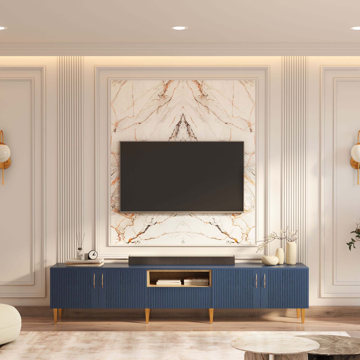 Blue Modern TV Unit Design with Marble Backdrop and Decorative Grooves ...