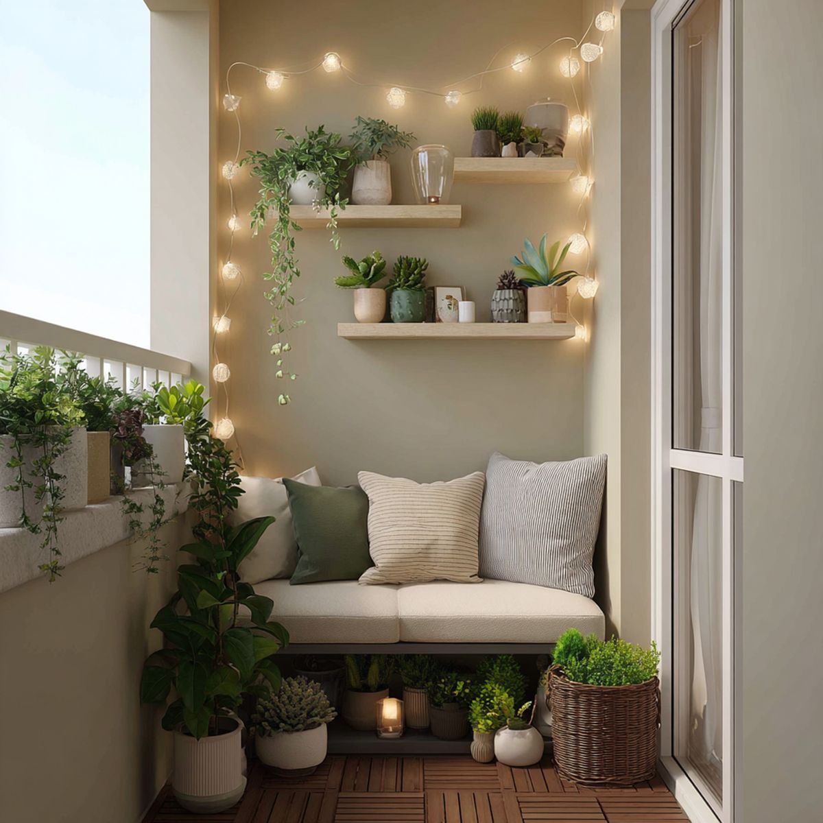 Minimal Balcony Design With Floating Shelves and String Lights | Livspace
