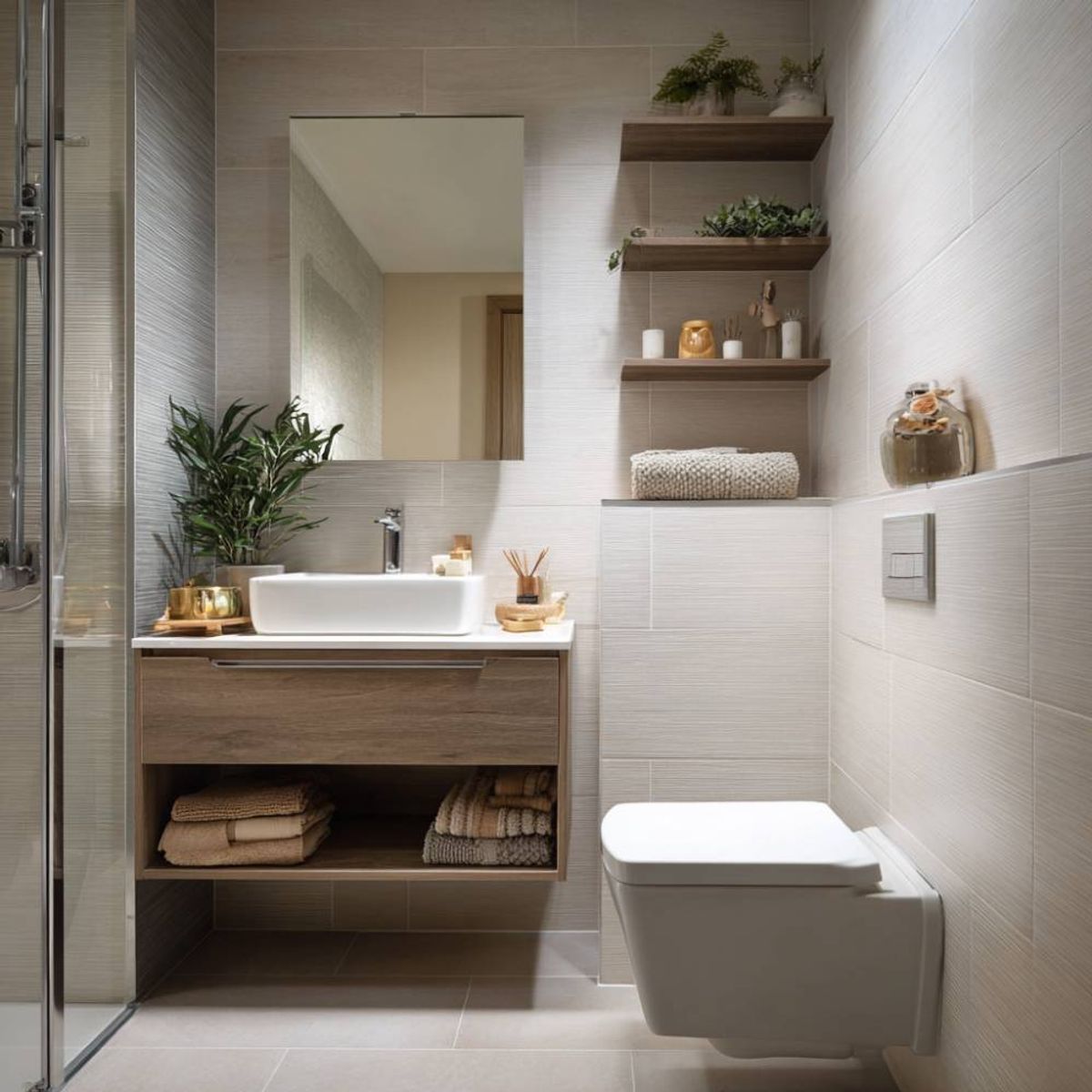 Bathroom Design with Modern Floating Drawer Vanity, Open Unit and Cream ...