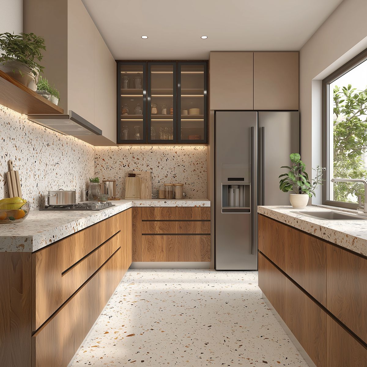Modern L-Shaped Kitchen Design Featuring Terrazzo Countertop, Glass ...