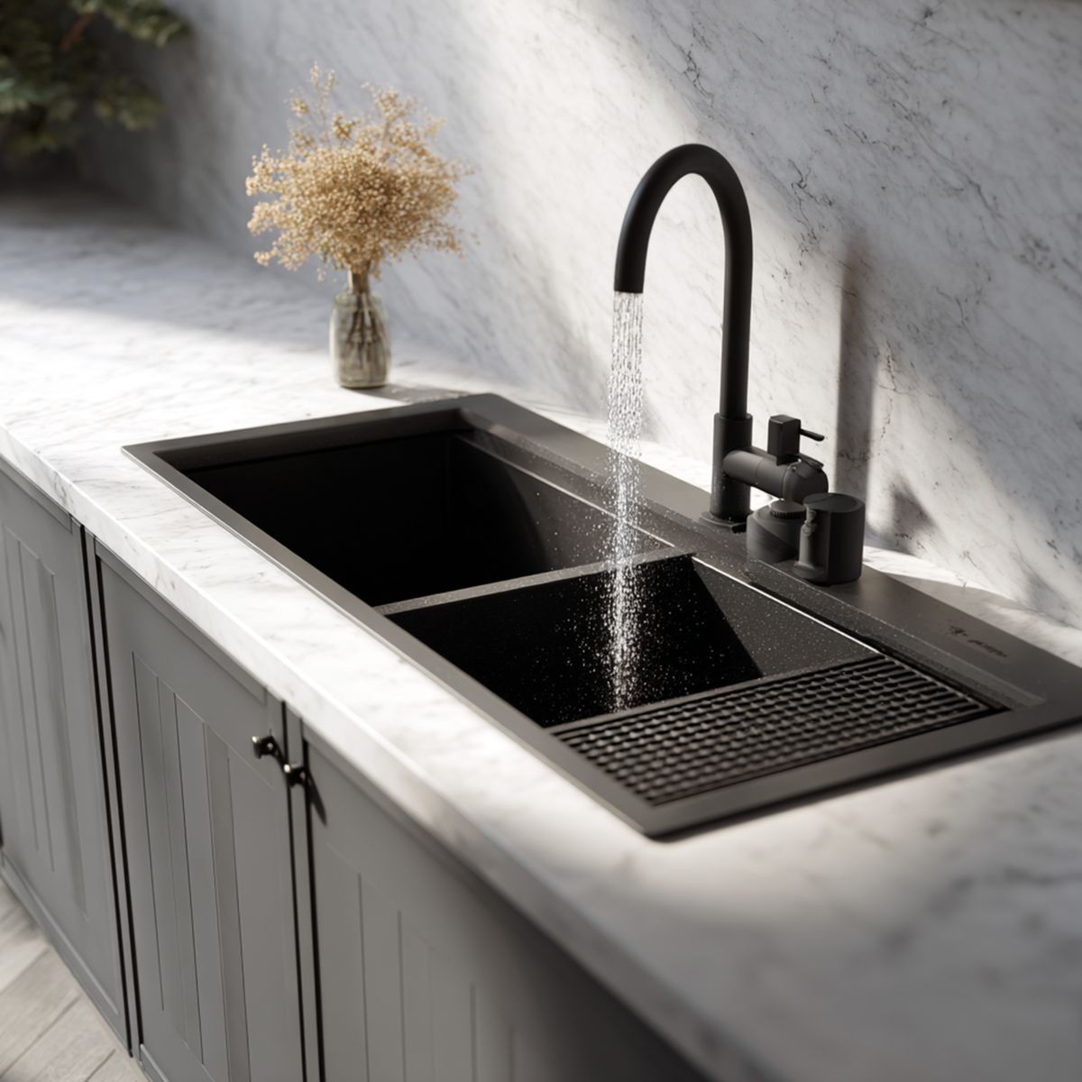 Top-Mount Granite Kitchen Sink Design with Dual Bowls and Drainboard ...