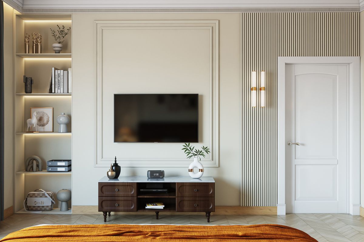 Classic Drak Wood TV Unit Design with Open Shelving and Drawers | Livspace