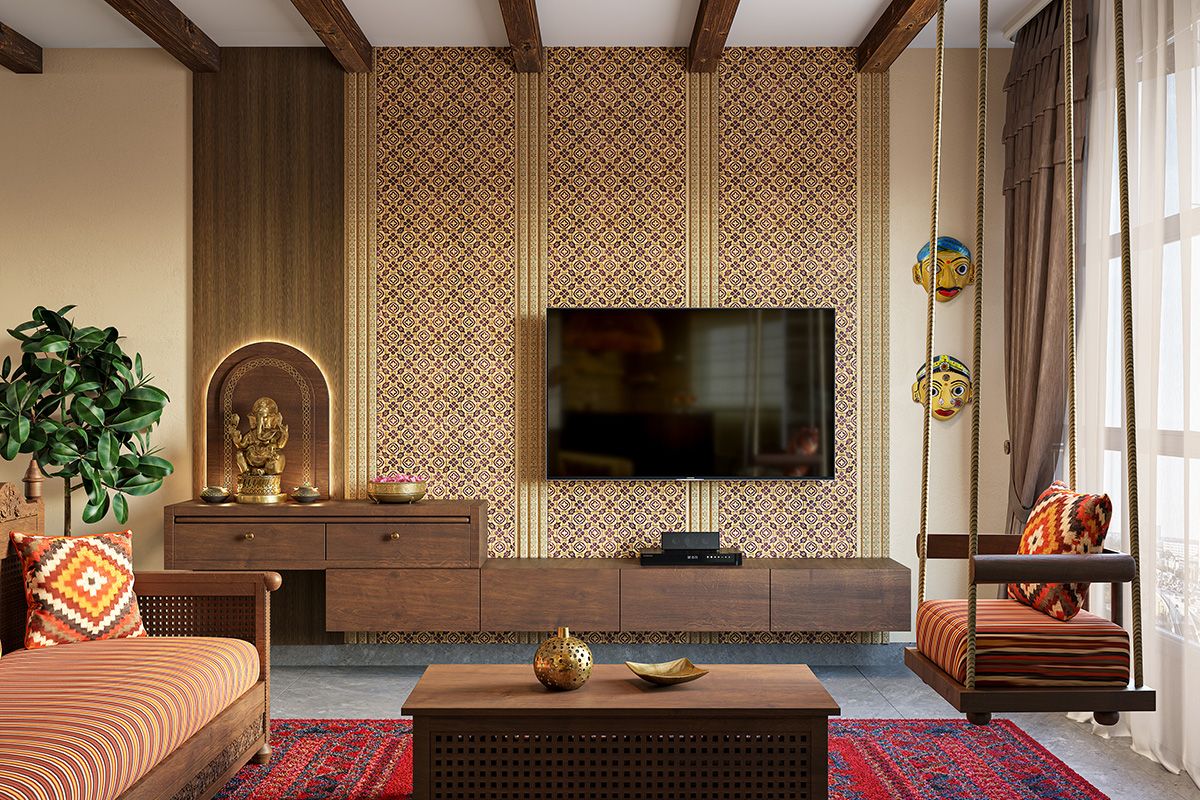 Indian Traditional TV Unit Design With Side Storage Towers | Livspace