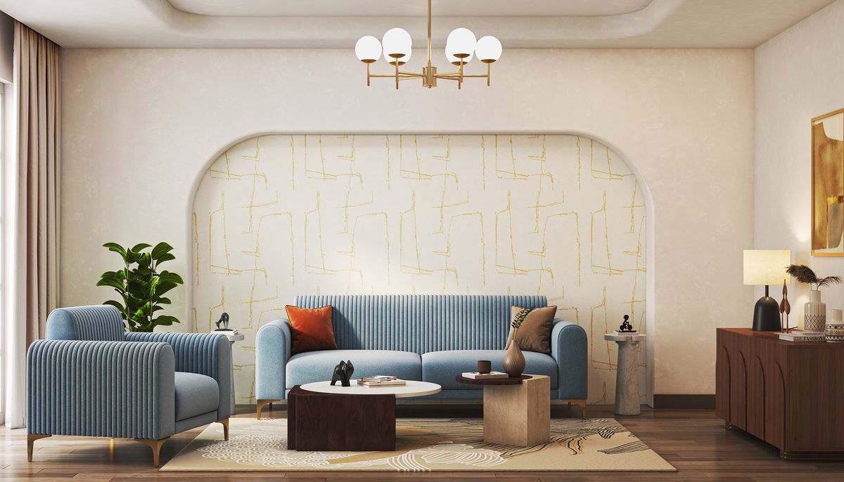 Beige Modern Abstract Wallpaper Design with Golden Linear Geometric ...