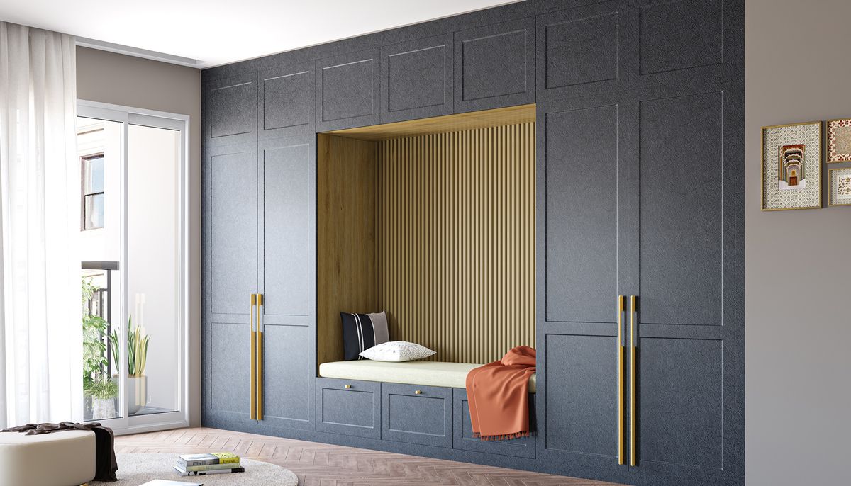 Charcoal Grey Swing Wardrobe Design With Fluted Niche Seating | Livspace