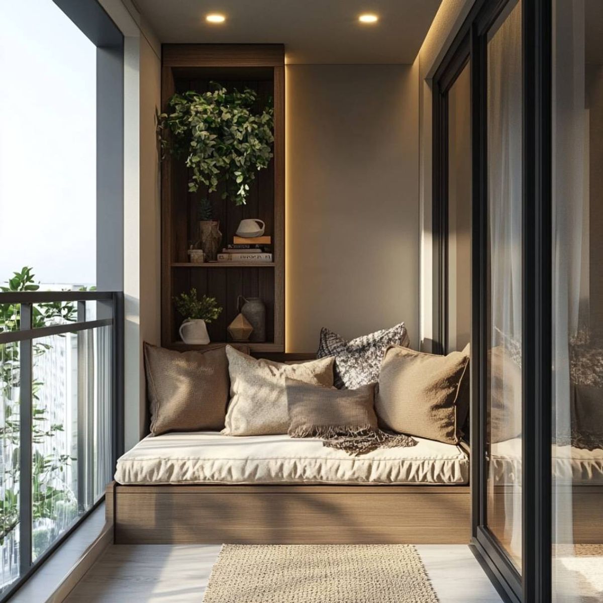 Balcony Design with Modern Wall Storage Along with Plain Grey Wall ...