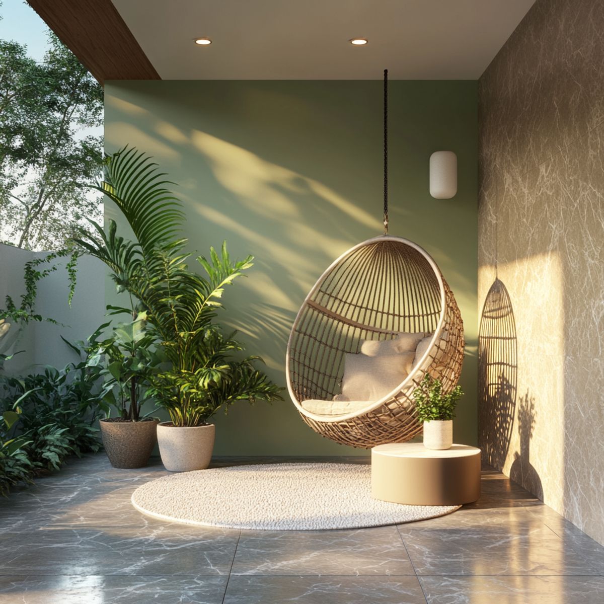 Balcony Design with Tropical Light Green Walls, Grey Tiles, Stone ...