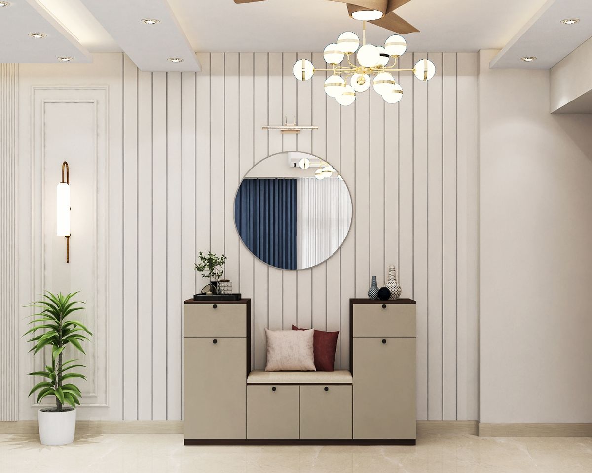 Foyer Design Featuring Modern Pumic Grey and Walnut Bronze Tones | Livspace