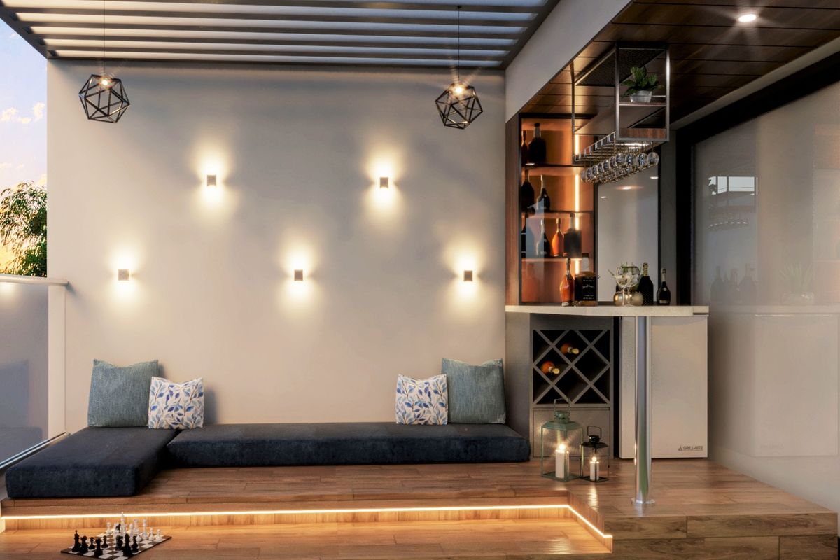 Outdoor Home Bar Design with Contemporary Built-in Wine Rack and Open ...