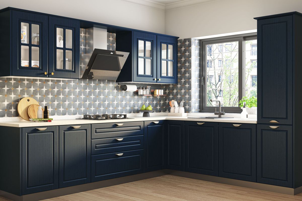 Indigo Blue Classic L-Shaped Kitchen Design with White Quartz ...