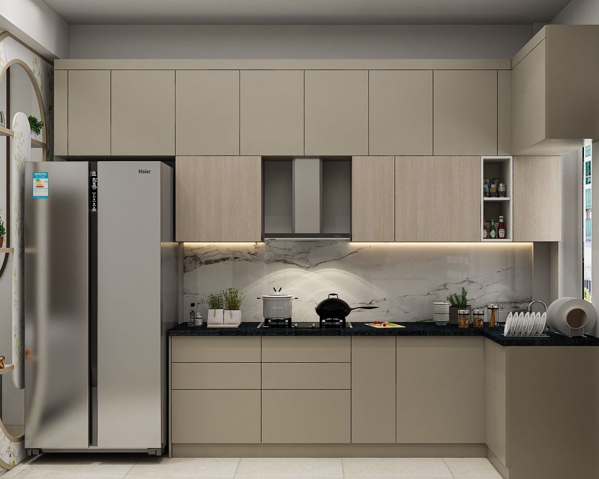 L-Shaped Contemporary Kitchen Design with Granite Countertop and Under ...