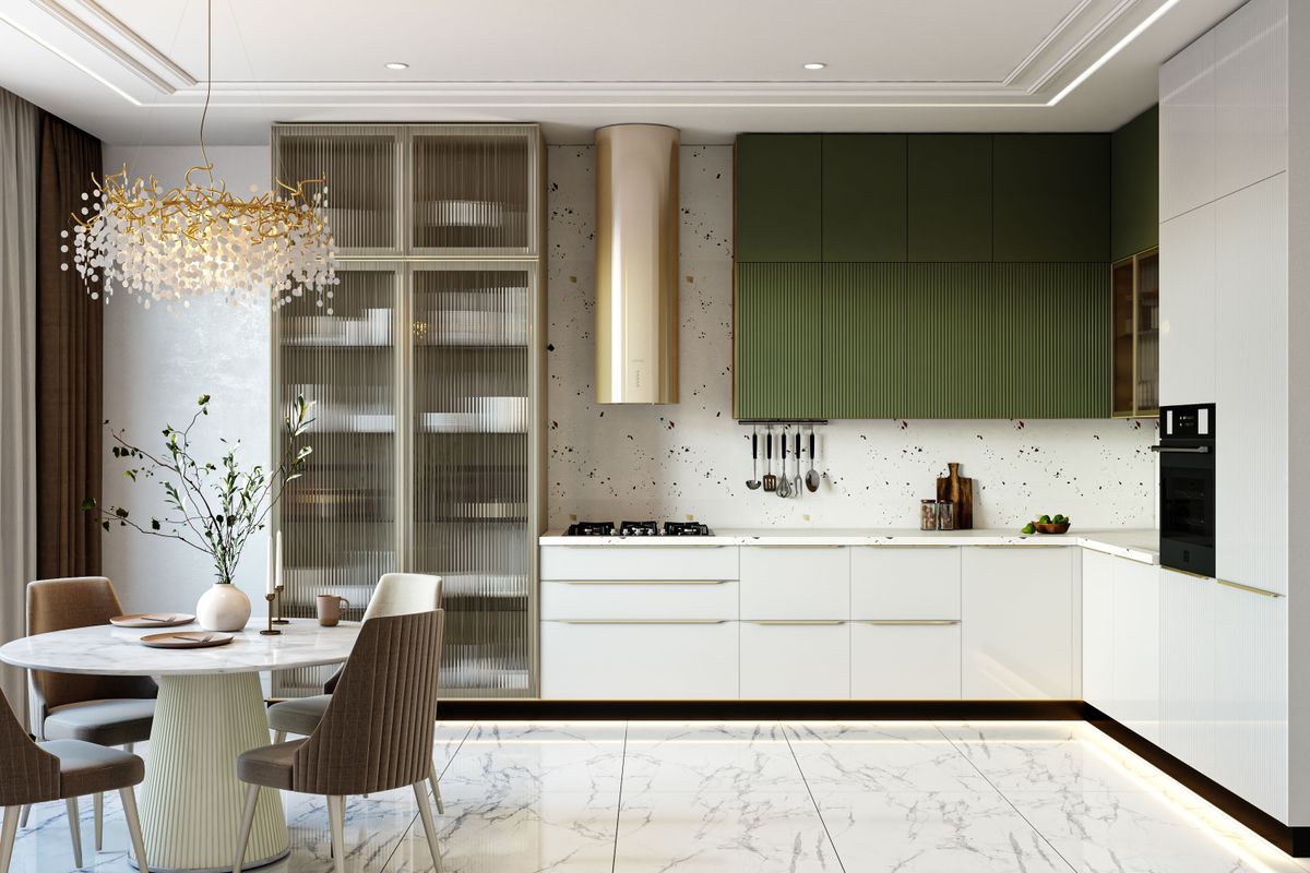 Modern Green and White L-Shaped Kitchen Design with Quartz Countertop and Glass Cabinets | Livspace