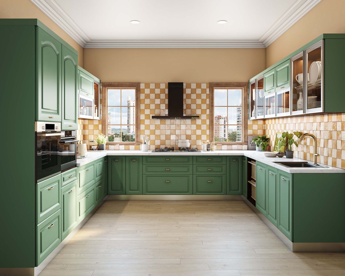 Fern Membrane Vintage U-Shaped Kitchen with Marble Countertop and Ample ...
