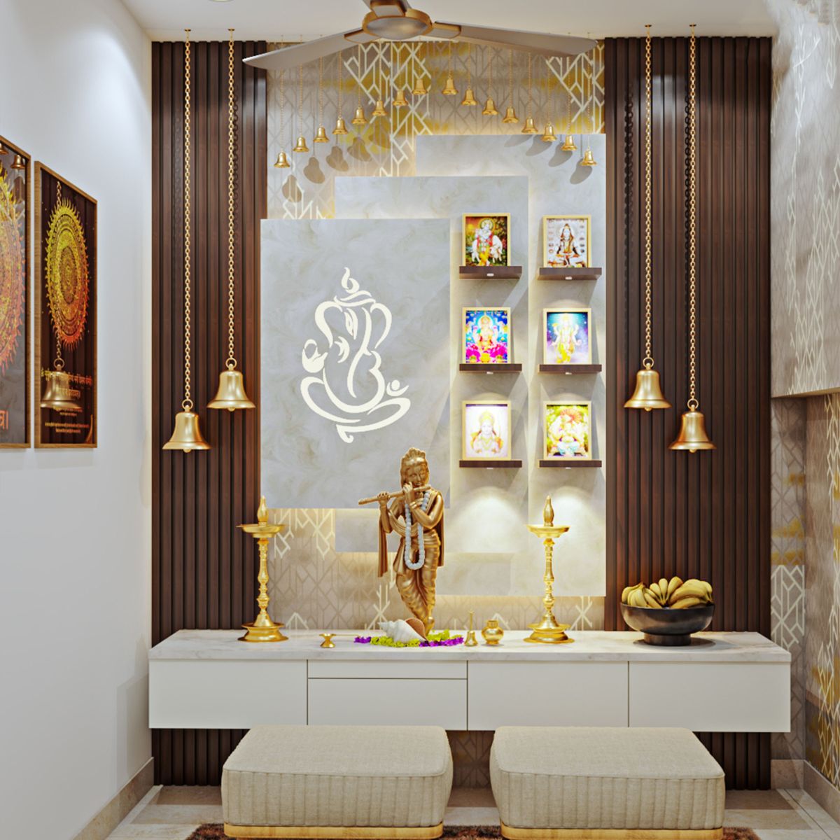 White Contemporary Pooja Room Design with Brass Bells and Suede Finish ...