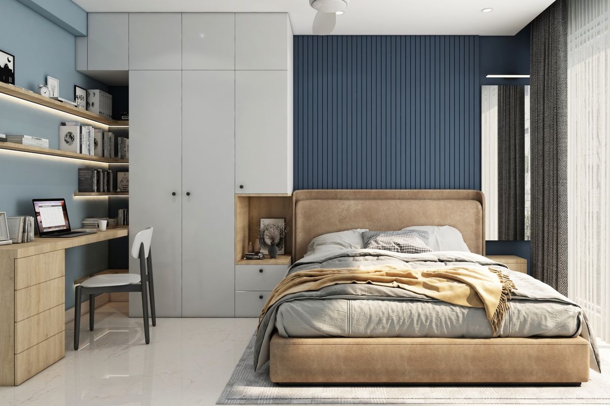 Kids Bedroom Design with Modern Light brown Leathered Double Bed and ...