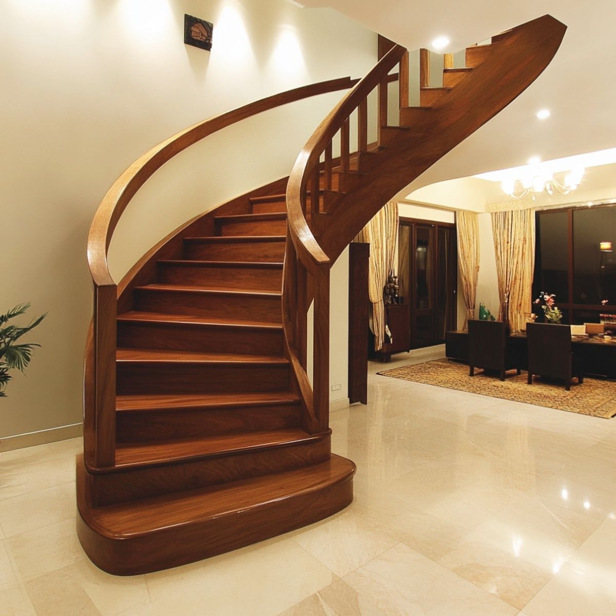 Curved Staircase Design with Classic Rich Wood Finish | Livspace