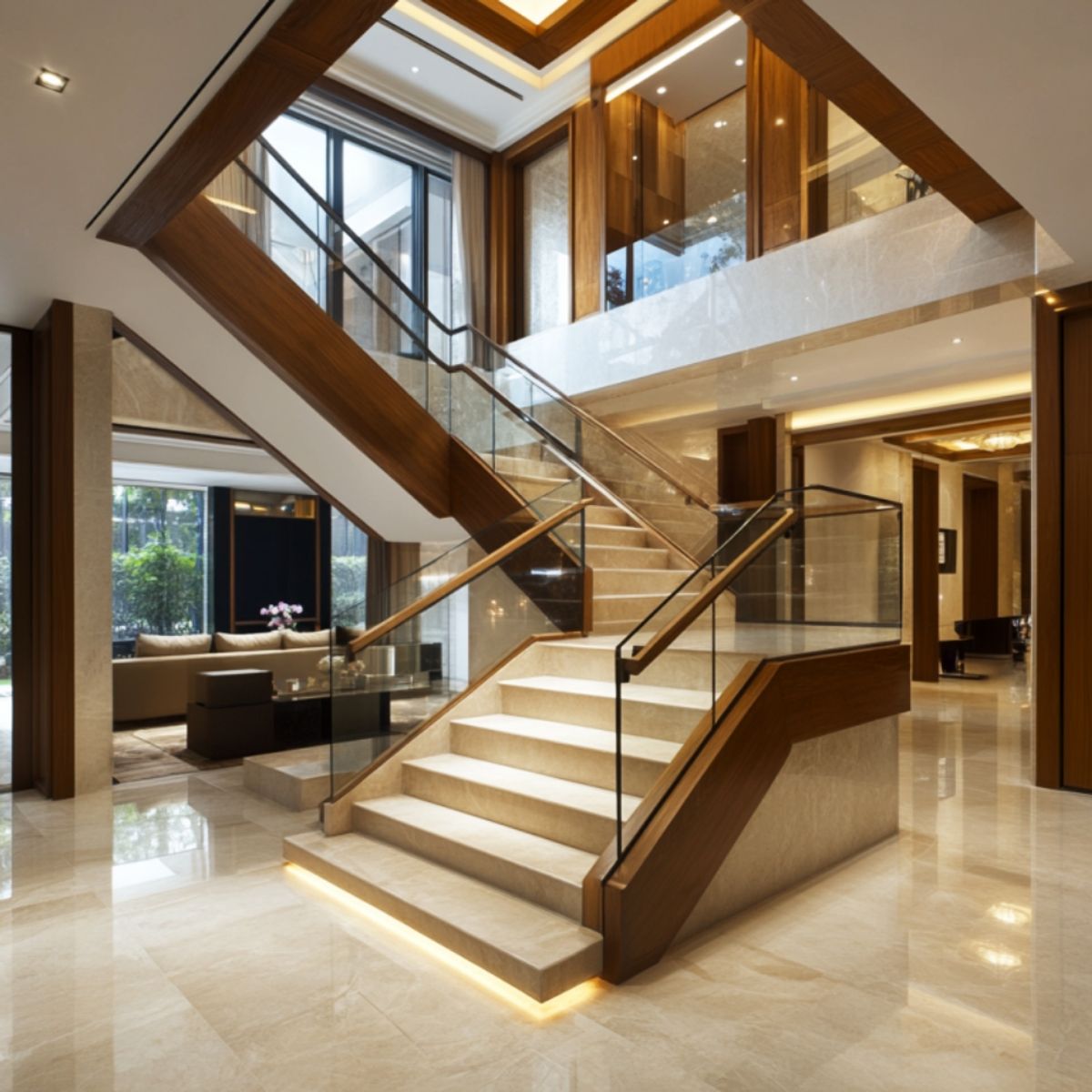 U-Shaped Staircase Design with Beige Marble Steps in Contemporary Style ...