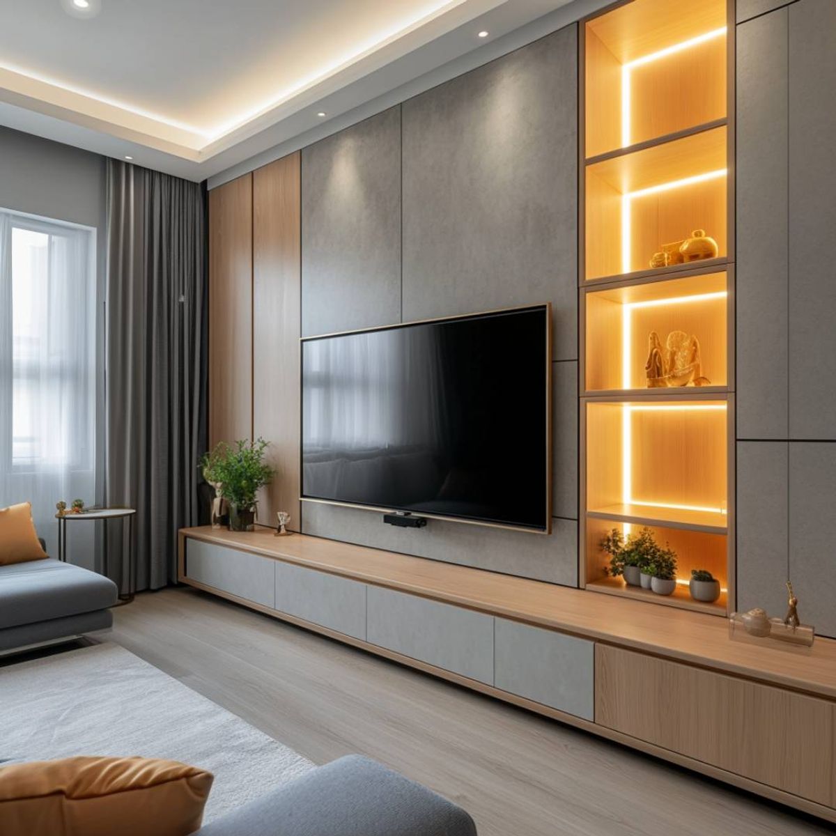 TV Unit Design in Modern Style with Walnut Finish and Soft-Close ...