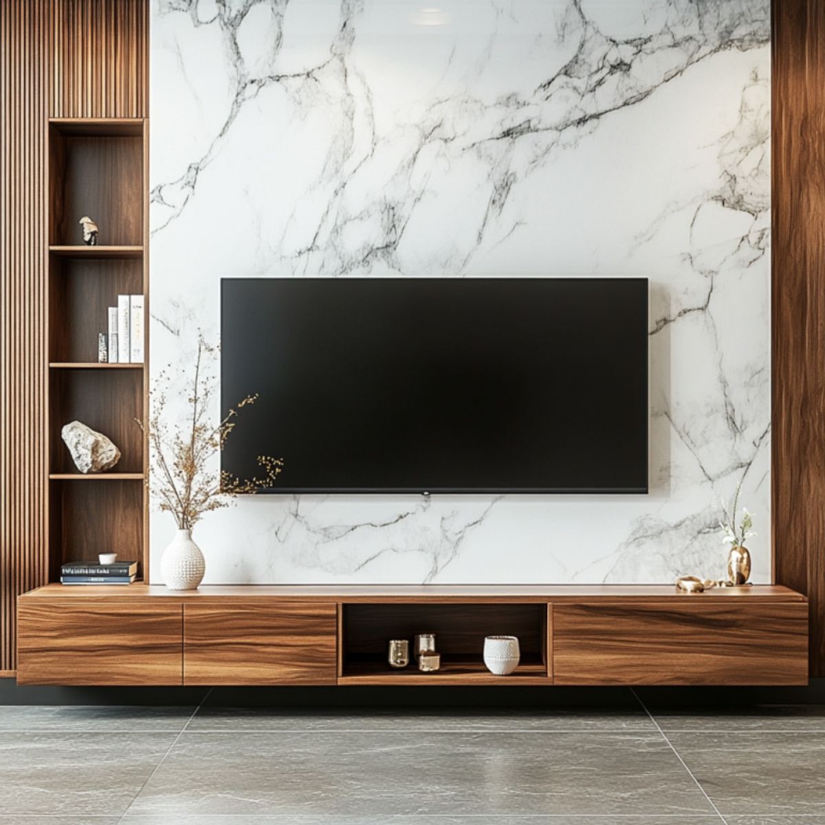 Walnut Bronze Modern TV Unit Design with Drawers, Open Shelving and ...
