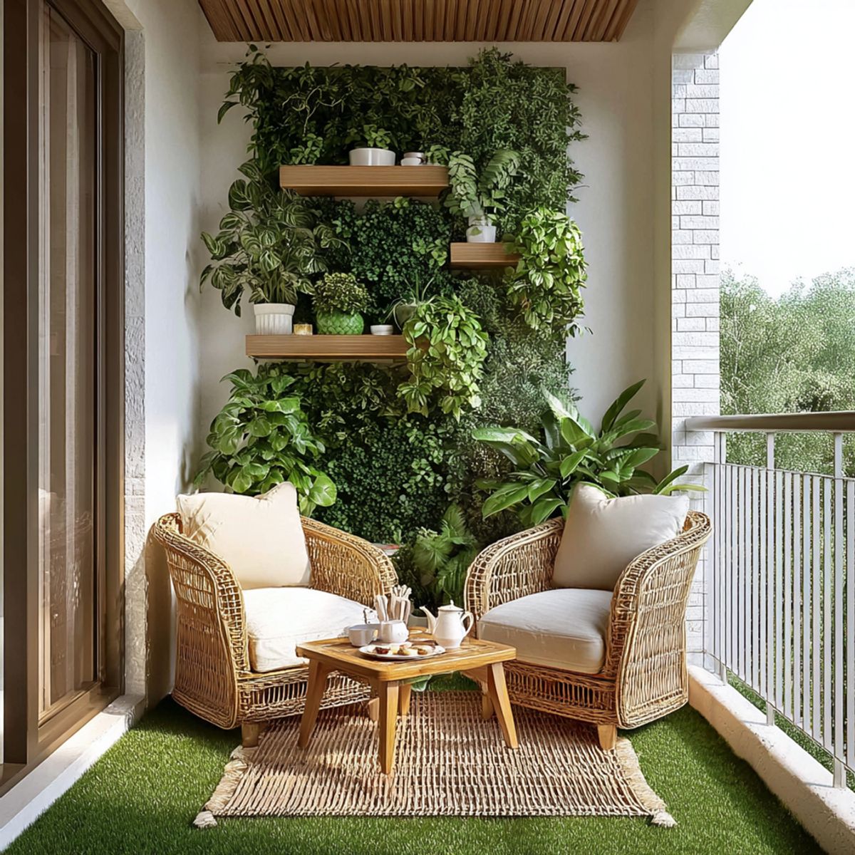 Green Tropical Balcony Design with Living Wall and Rattan Seating ...
