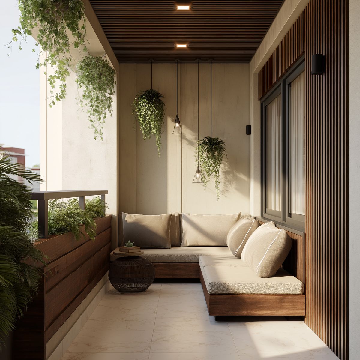 Tropical Balcony Design with L-Shaped Wooden Bench and Slat Cladding ...
