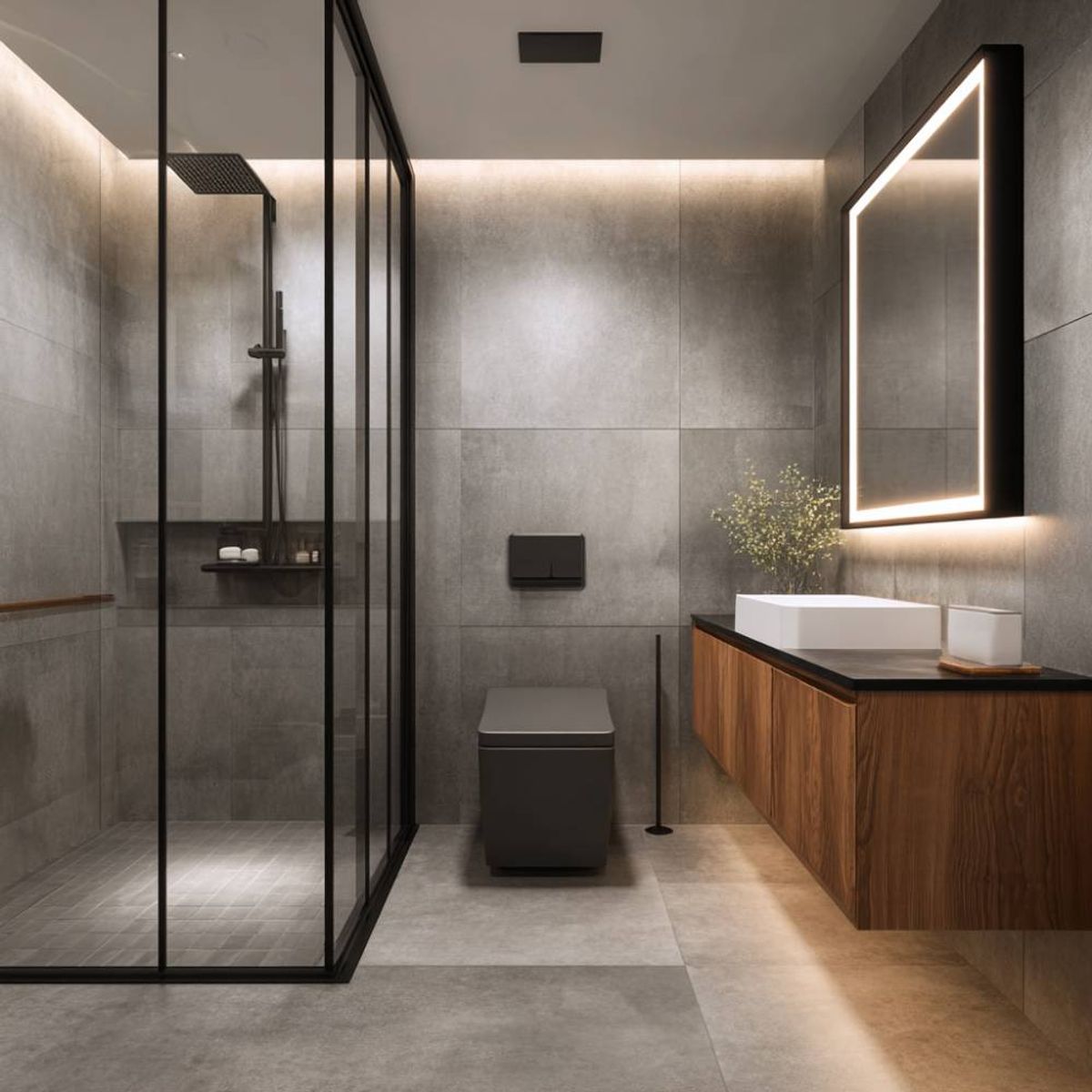 Contemporary Bathroom Design with Grey Tiles and Warm Wooden Drawer ...