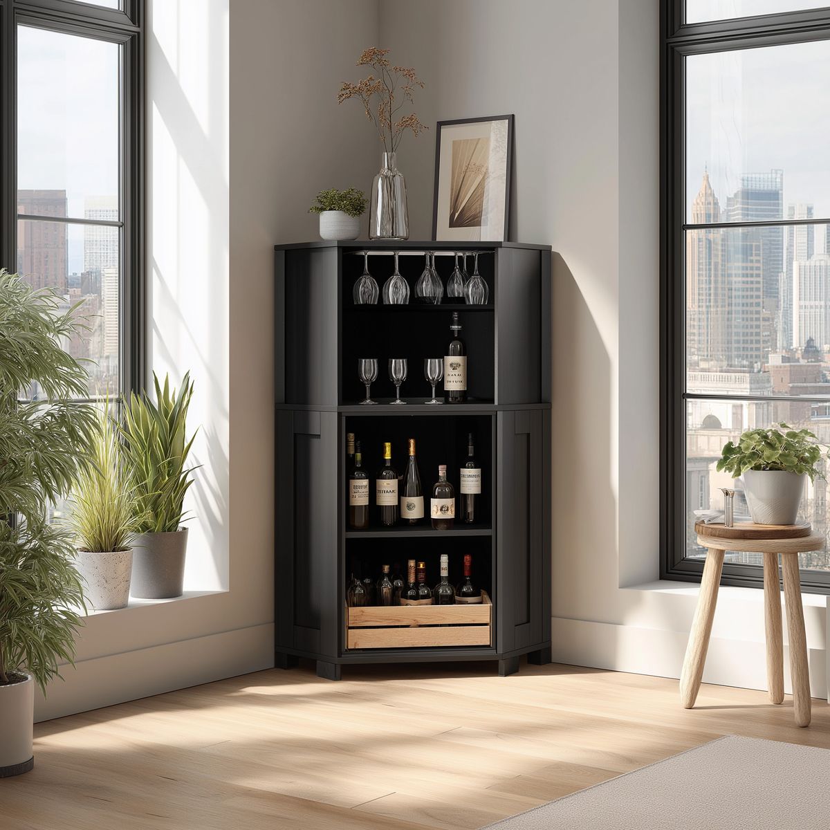 Dark Wood Modern Home Bar Design with Open Shelves, Hanger and Bottle ...
