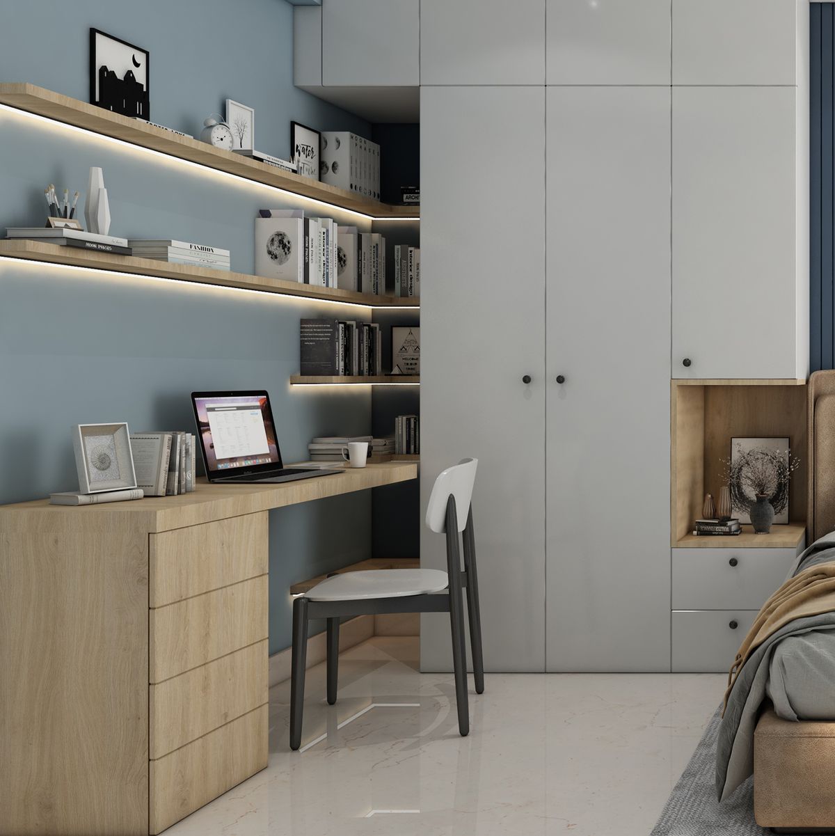 Muted Blue Contemporary Wall Paint Design for Bedrooms and Study Zones ...
