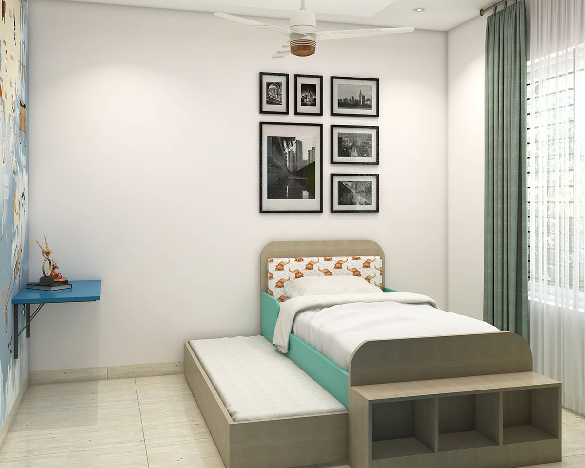 Kids Bedroom Design with Modern Pull-Out Bed, Study Table and Toy ...