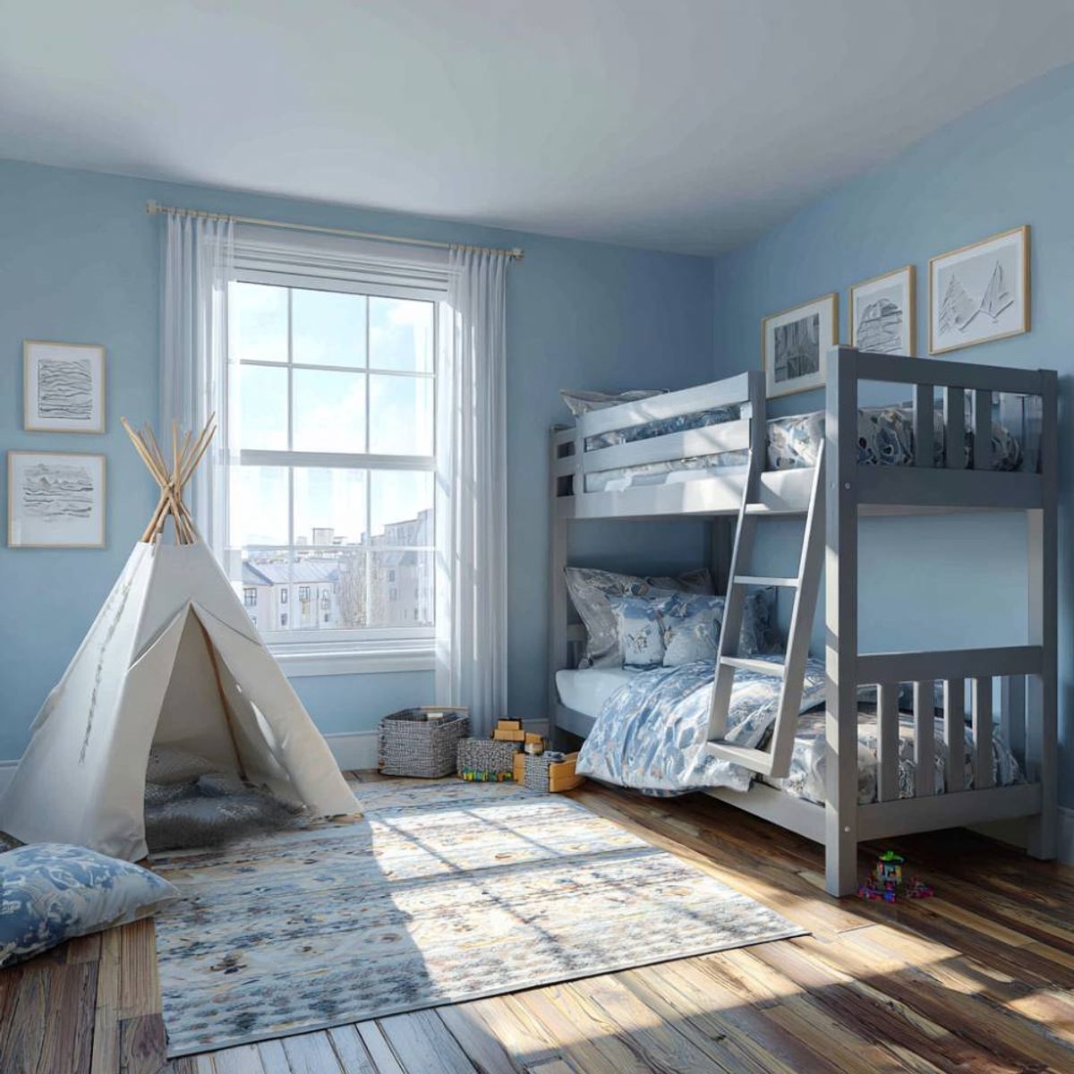 Modern Kids Bedroom Design with Bunk Setup and Calm Blue Palette | Livspace