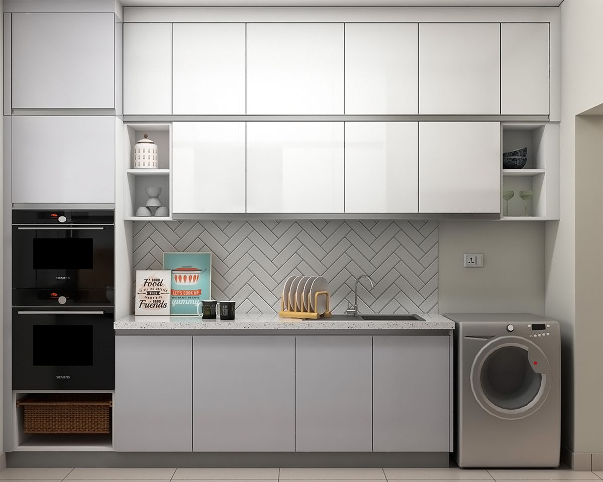 Parallel Minimal Kitchen Design with Grey and White Cabinets and Quartz ...