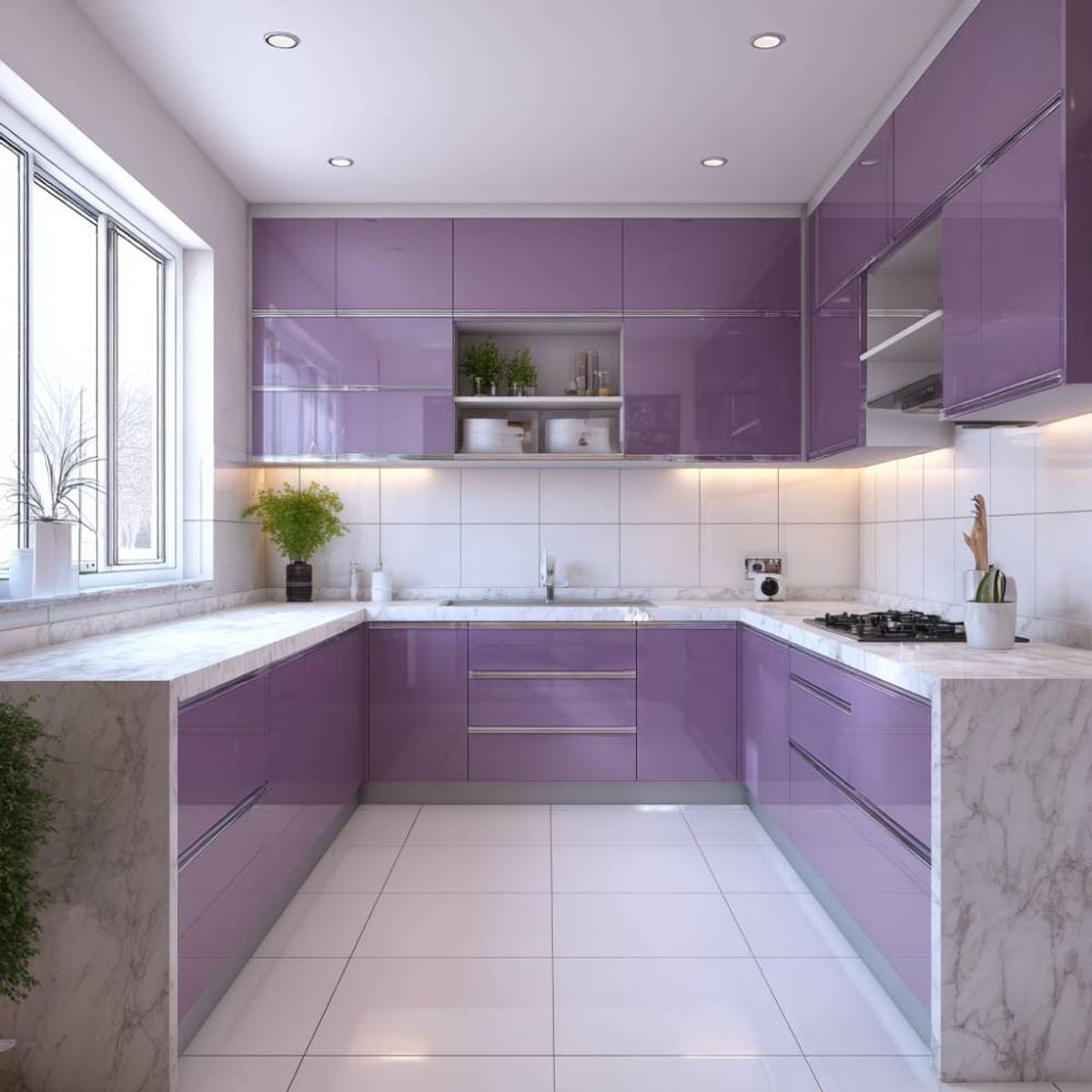 U-Shaped Modern Kitchen Design with Glossy Violet Cabinets and Quartz ...