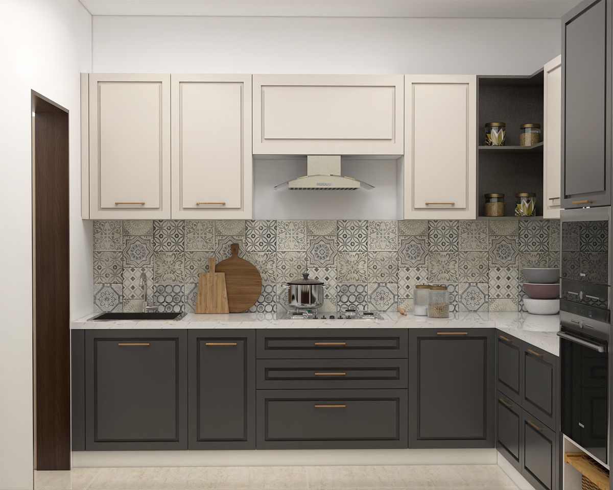 L-Shaped Classic Kitchen Design with Quartz Countertop and Matte Finish ...