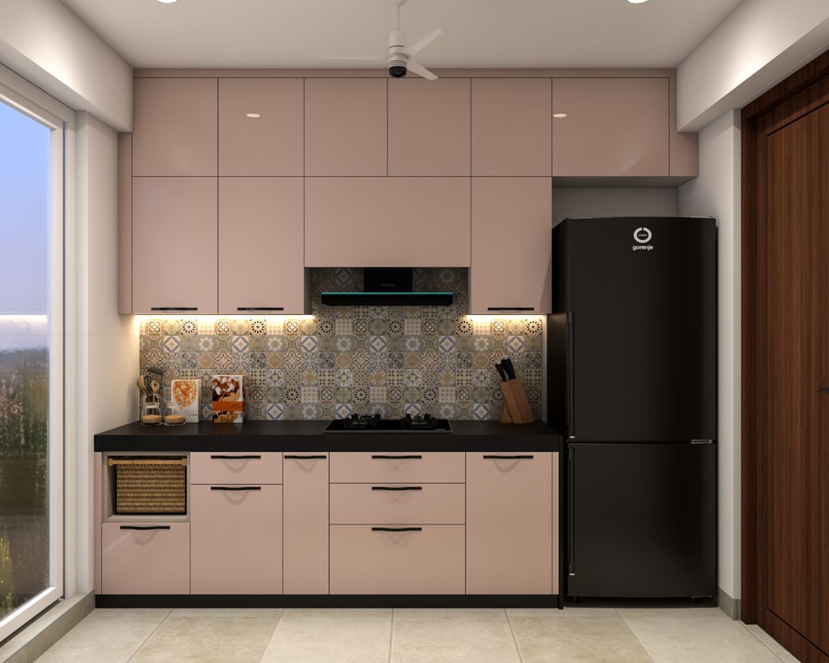 Blush Pink Modern Parallel Kitchen Design with Geometric Backsplash ...