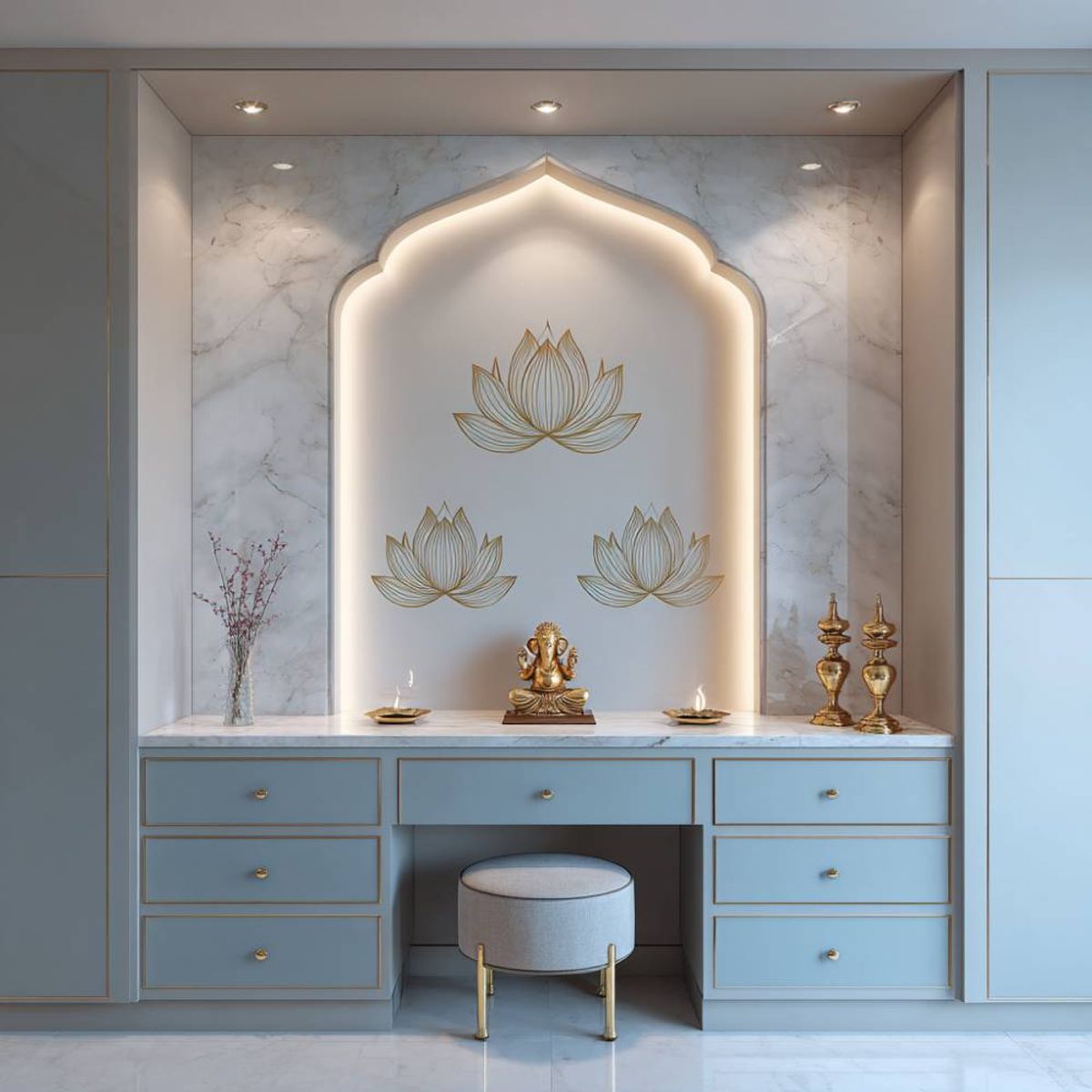 Modern Light Blue Pooja Room Design with Carved Arch and Storage | Livspace