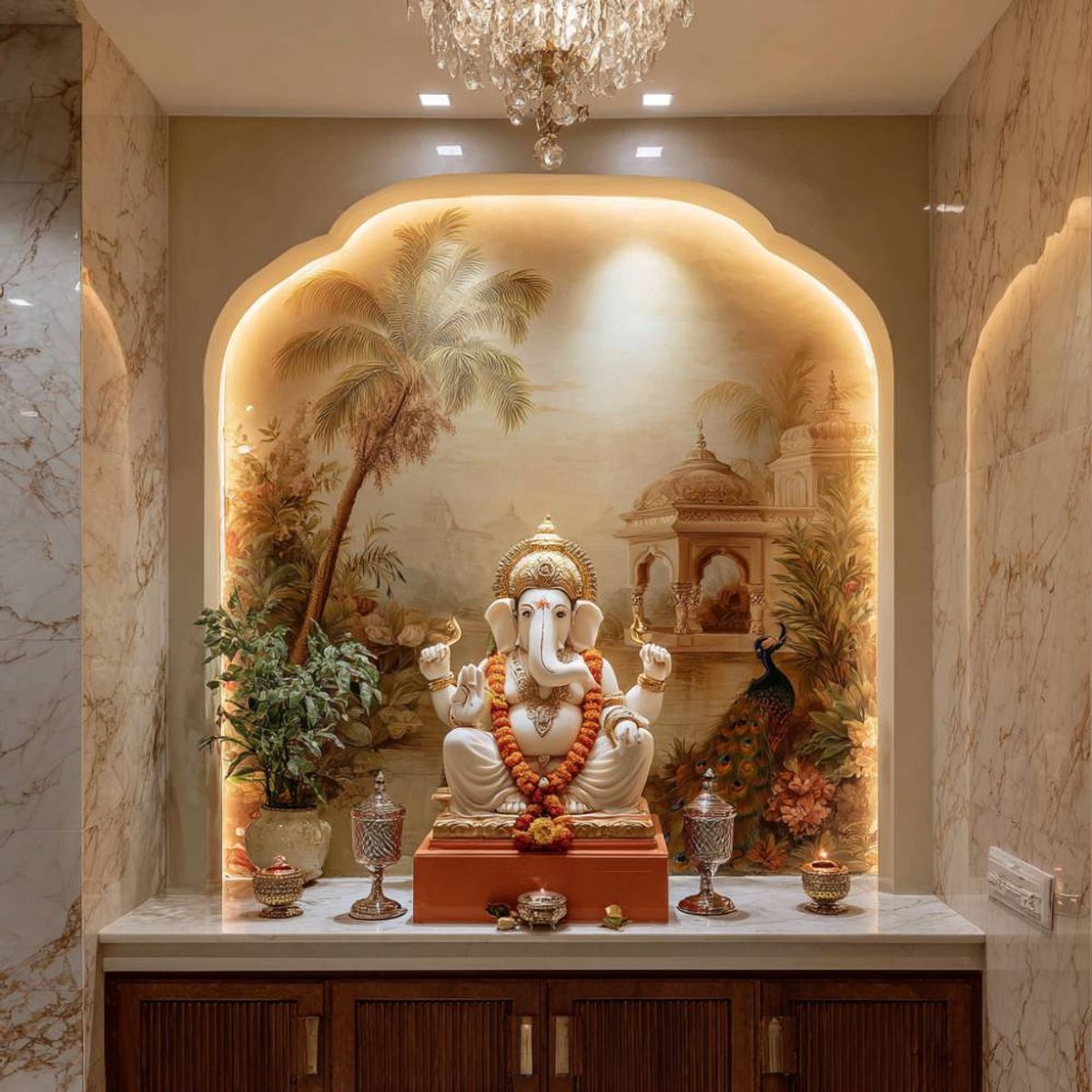 Walnut Bronze Modern Pooja Room Design with Chandelier and Mural ...