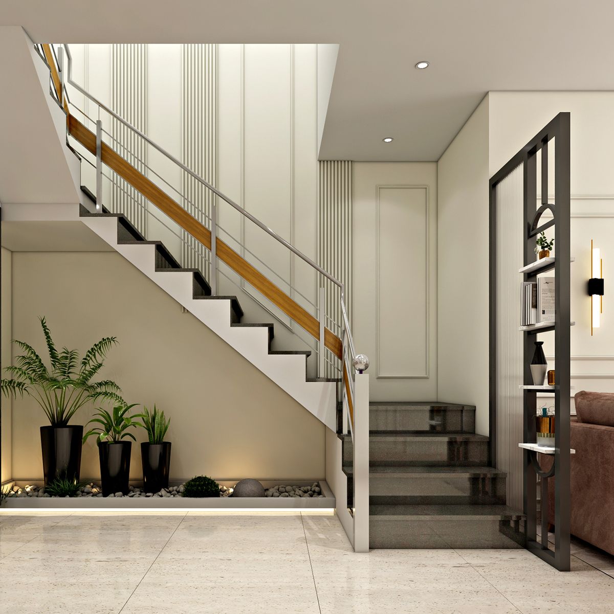 L-Shaped Contemporary Staircase Design in Wood Metal | Livspace