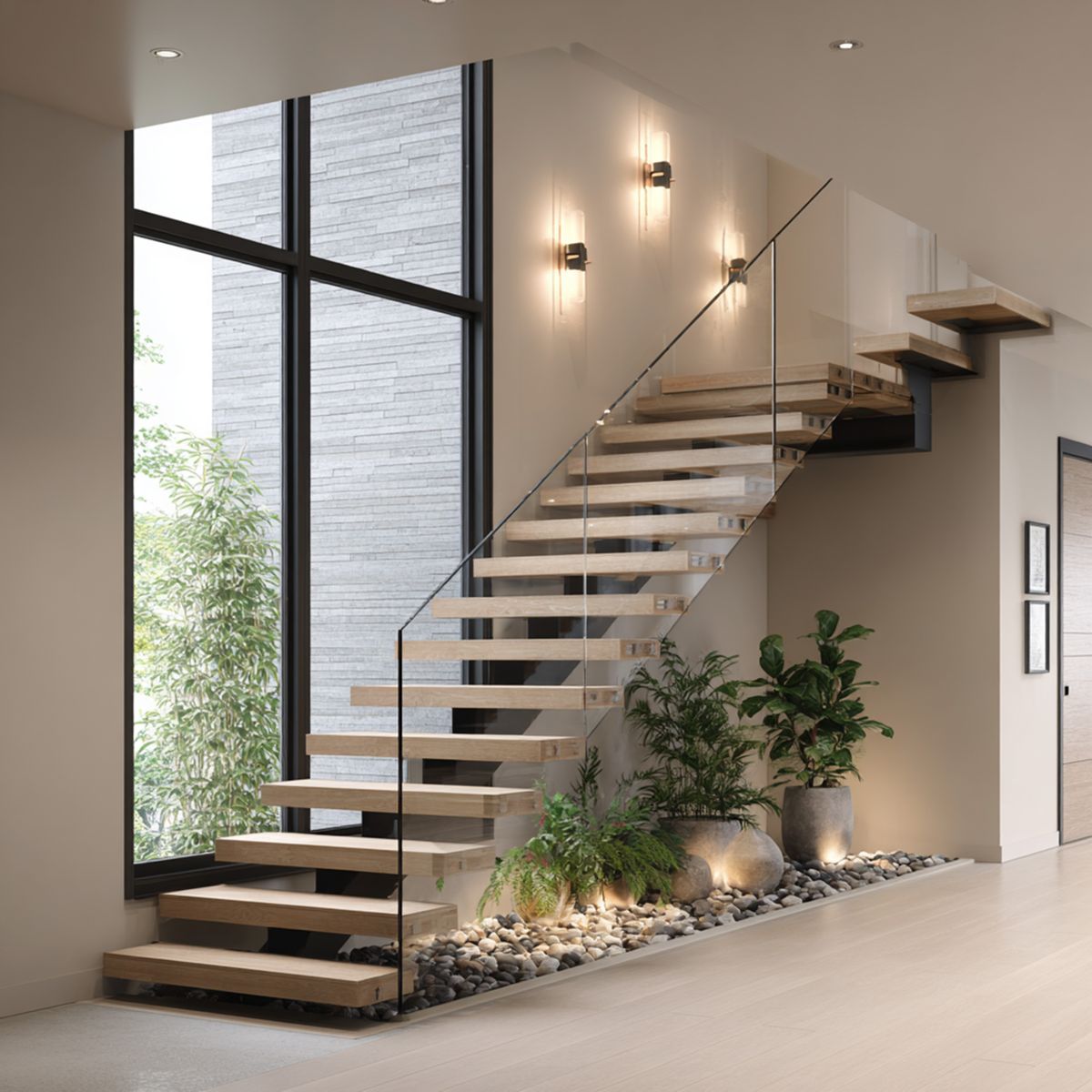 L-Shaped Modern Staircase Design Combining Wood and Glass Materials ...