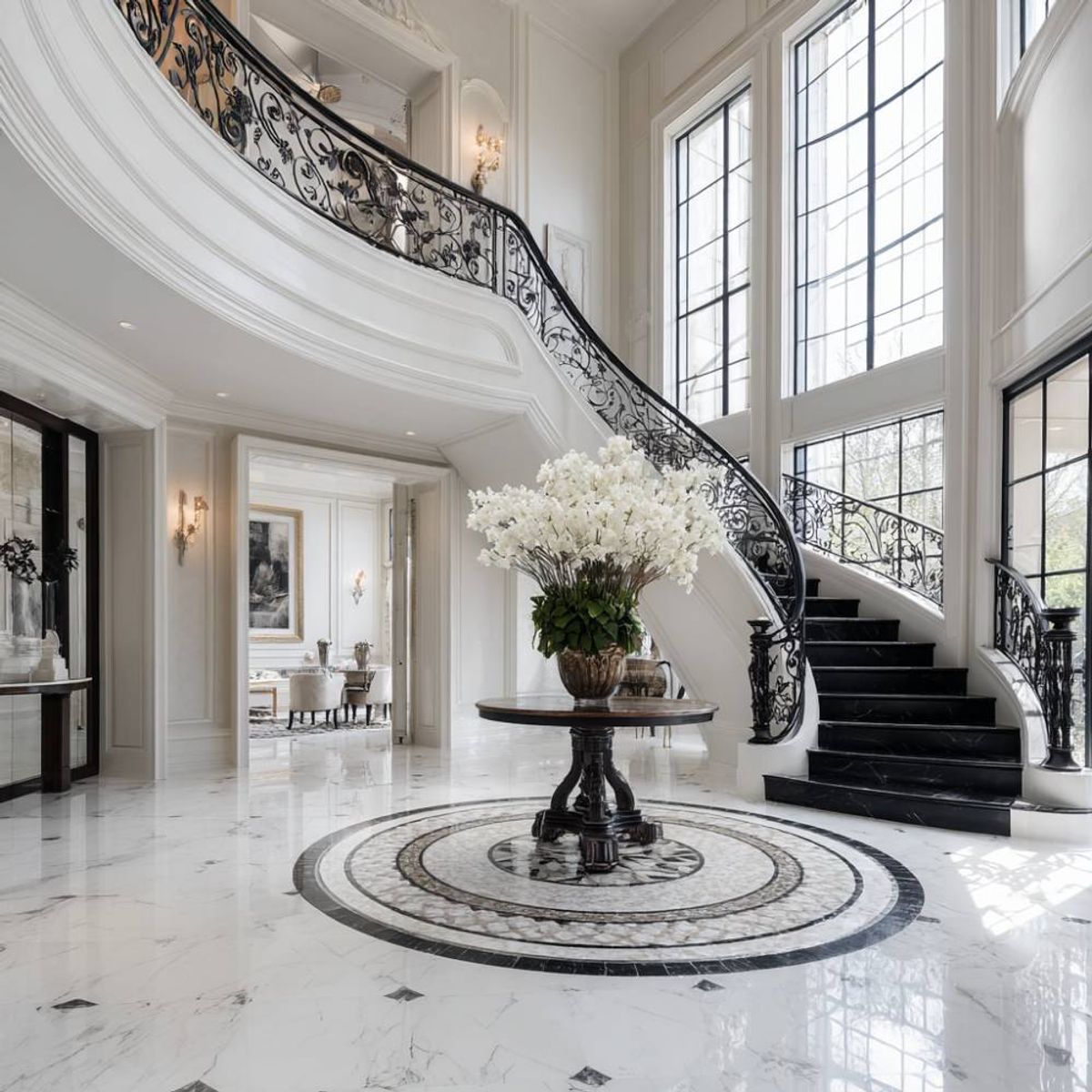 Curved Vintage Staircase Design with Concrete Base and Metal Railings ...